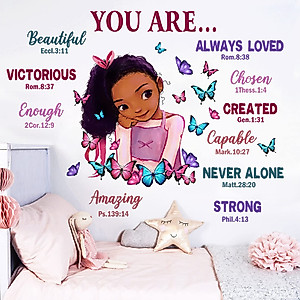 Yovkky Black Girl Religious Butterfly Wall Decal Sticker, Positive Saying African American You are Beautiful Nursery Decor, Inspirational Home Afro Kid Room Decoration Bedroom Playroom Art Gift