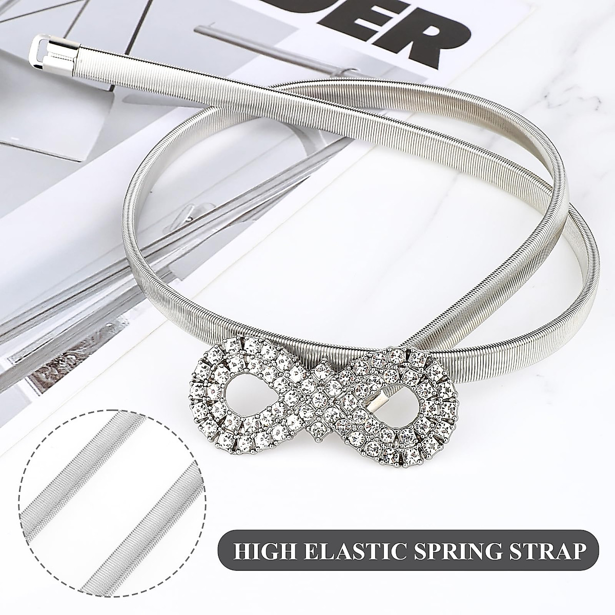 KALIONE Women's Skinny Rhinestone Belt, Elastic Waistband Metal Waist Belt Silver Thin Crystal Rope Belt Stretch Spring Chain Belt for Women Girls Dresses Jeans