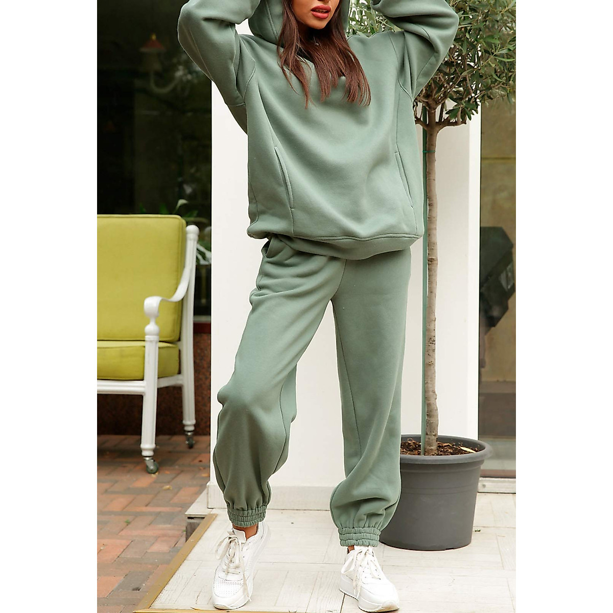 Linsery Sport Hoodie with Jogger Sweatpants Tracksuit Hooded 2 Piece Workout Set Sweatshirt Matching Jogging Suit Green XL
