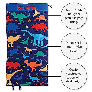 Dinosaur Kids Personalized Sleeping Bag, 30 x 60 Child-Size, Indoor, Lightweight, Custom-Embroidered Name, Boy's Sleeping Bag