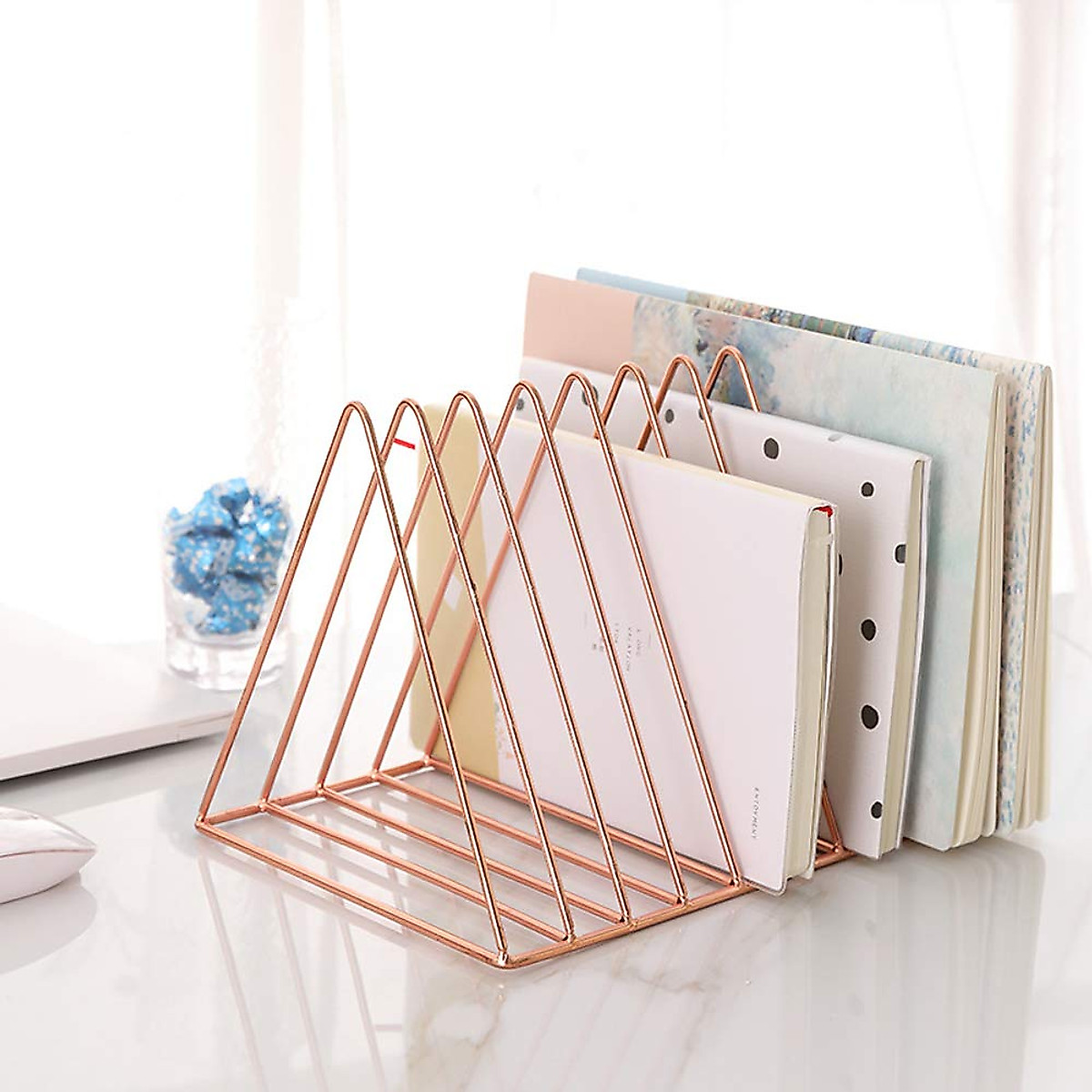 Sooyee 9 Slot Rose Gold Magazine Holder,Desktop File Sorter Organizer Triangle Bookshelf Decor Home Office