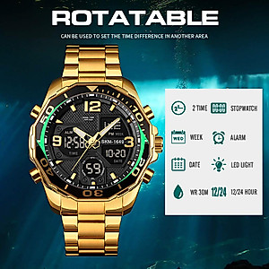 VIGOROSO Mens Watches Multi Times Military Gold Watch Chronograph Digital Analog Stainless Steel Wrist Watch for Men/Gents Waterproof