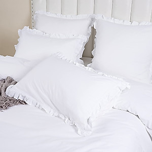 PHF 100% Washed Cotton Ruffle Pillowcases Standard Size, 2 Pack 20" X 26" Pillow Shams, No Insert, Ultra Soft Cotton Pillow Cases,Decorative Farmhouse Bedding Pillow Covers, White