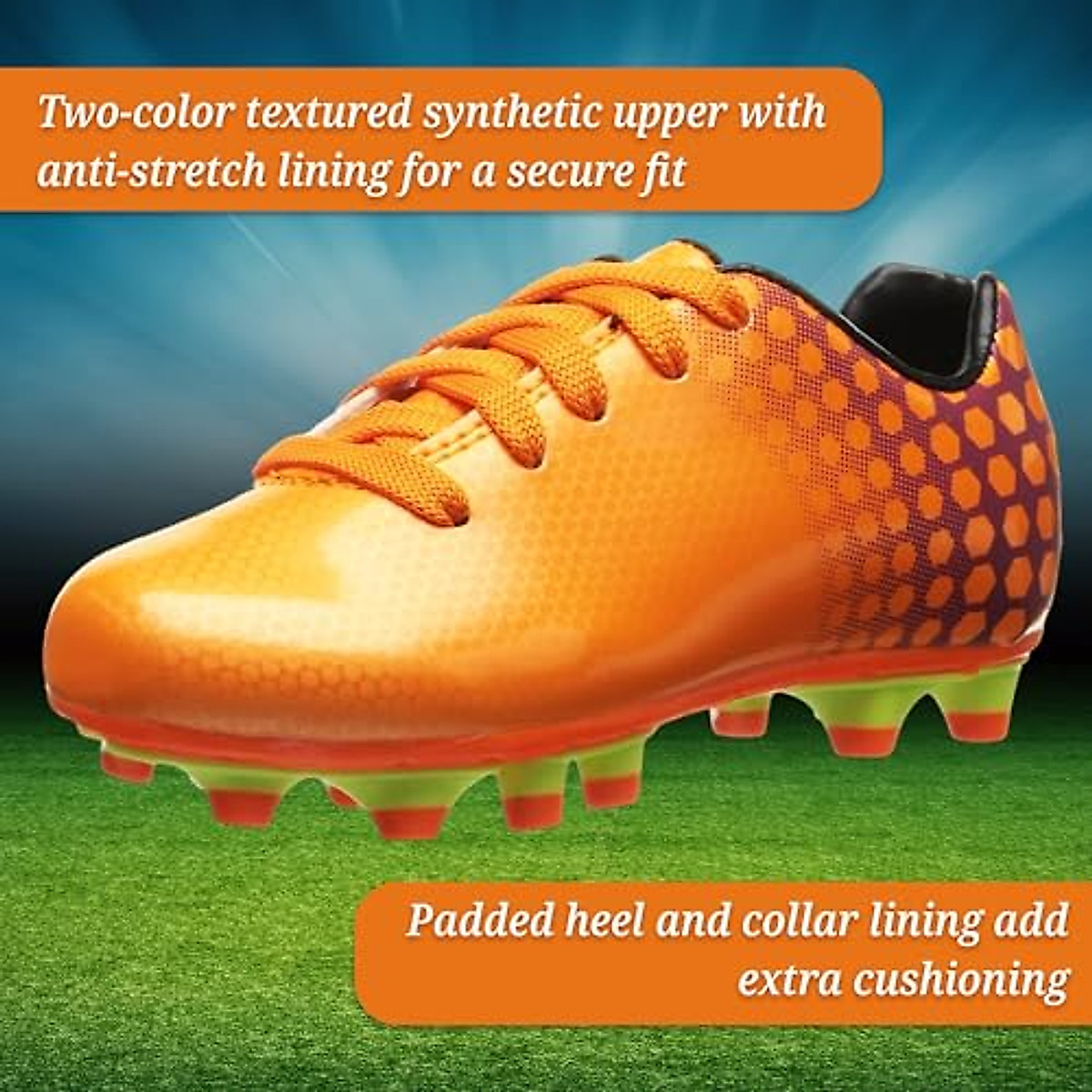 Vizari Palomar Firm Ground Soccer Shoes for Boys and Girls | Durable Synthetic Youth Soccer Cleats with Cushioned Sole for Stability | Secure Fit Kids Cleats with Padded Heel Orange/Purple