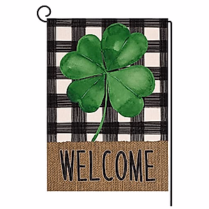 Welcome Spring St. Patrick's Day Clover Small Garden Flag Vertical Double Sided Burlap Buffalo Shamrock Farmhouse Yard Outdoor Decoration 12 x 18 Inches