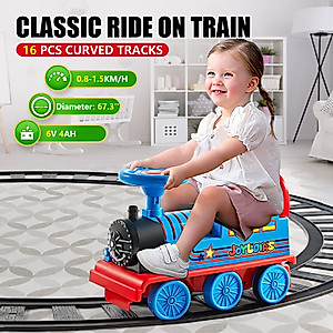 JOYLDIAS Ride On Train with 16pcs Curved Tracks, 6V Electric Ride On Toy Trains with Lights, Horns, Storage, Retractable Foot Pedals, Gift for Toddlers Under 39 inches, Blue