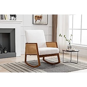 Lamerge Rattan Rocking Chair, Wooden Rocker Glider, Linen Upholstered Nursery Rocking Chair, Rattan Accent High Backrest Comfortable Glier Chair for Living Room, Bedroom, Nursery, Beige