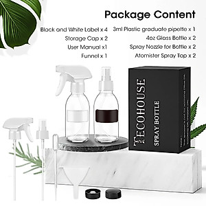 Tecohouse Glass Spray Bottles 4 OZ, Empty Small Spray Bottles 2 Pack for Essential Oils, Cleaning Solutions, Plants, Hair Mister, withDurable Nozzle, Labels, Funnel, Pipettes Clear