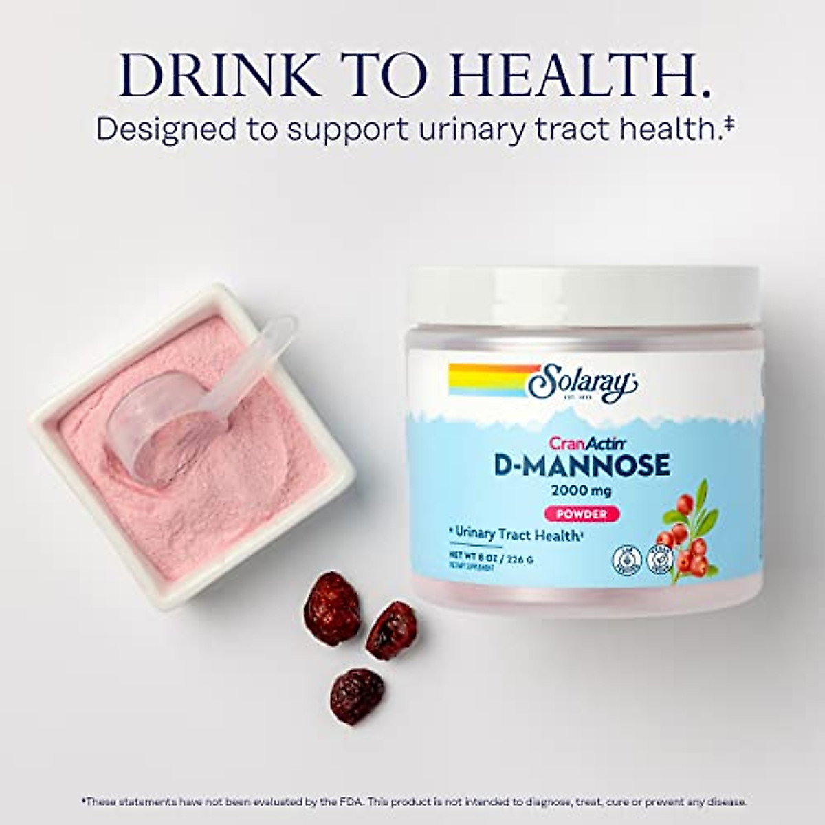 SOLARAY D-Mannose with CranActin Cranberry AF Extract Powder, 2000 mg, 400 mg of Cranberry Extract, Healthy Urinary Tract Support, Organic Natural Lemon, Cranberry and Berry Flavor, 30 Servings, 8 oz