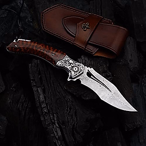 SPIRIT DEED Japanese VG 10 Damascus Steel Folding Knife, Outdoor Wilderness Survival Pocket Knife, Snake Wood Handle Lined Lock, Leather Sheath, EDC Pocket Knife