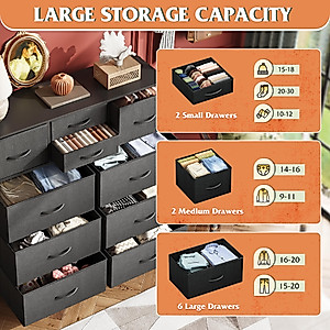 WLIVE Dresser for Bedroom with 10 Drawers, Fabric Dresser Chest of Drawers with Side Pockets and Hooks, Sturdy Metal Frame, Drawers Organizer Unit for Living Room, Hallway, Black