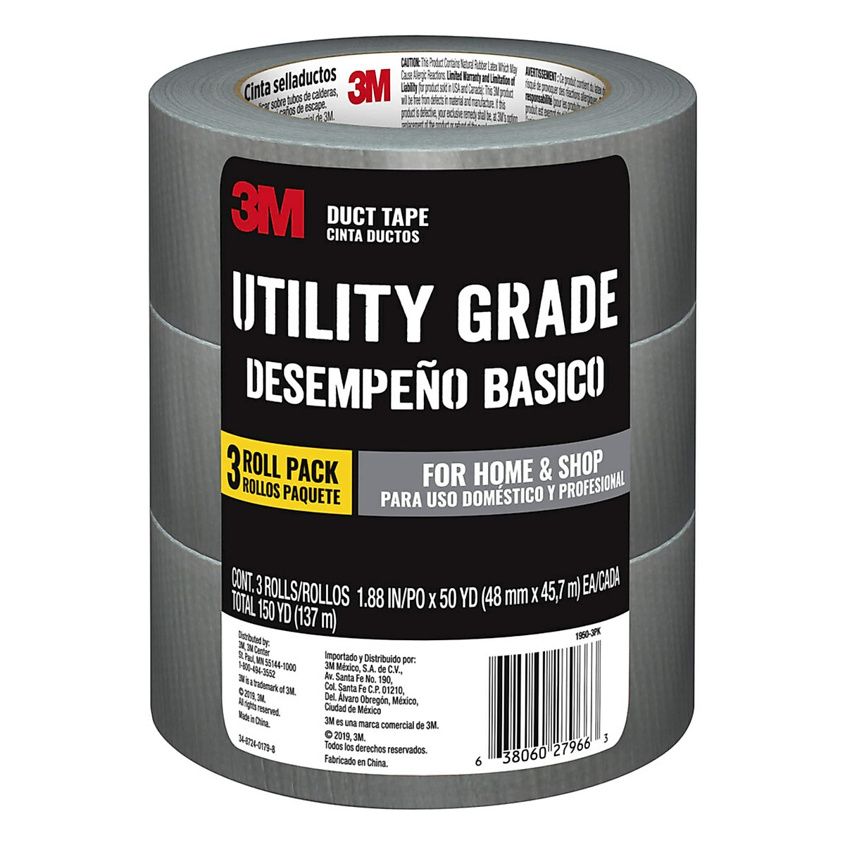 3M Utility Duct Tape, 3 Rolls, 1.88" in x 50 yd, Strong Adhesive, Adheres to Multiple Surfaces, Hand-Tearable, Silver Color Tape, Sticks Instantly, Perfect for Home & Shop Use (1950-3PK)