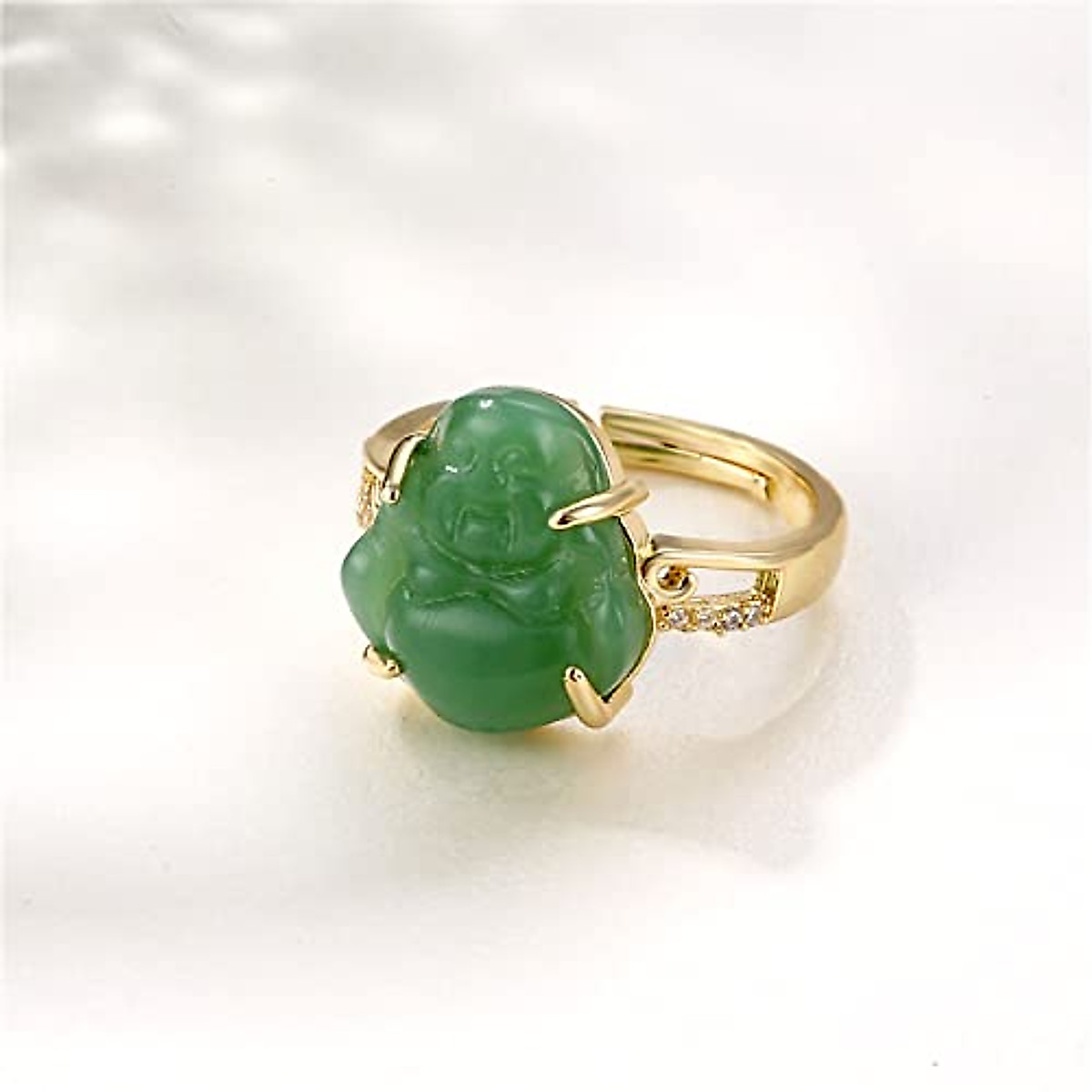COLORFUL BLING 18k Gold Plated Laughing Buddha Ring Green Jade Cubic Zirconia Gemstone Open Cuff Adjustable Lucky Amulet Jewelry for Women Men-Green Ring