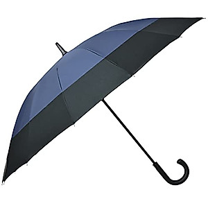 Kung Fu Smith Men Auto Open Stick Umbrella for Rain and Sun, Patchwork Blue and Black Umbrella Canopy, Hook Handle