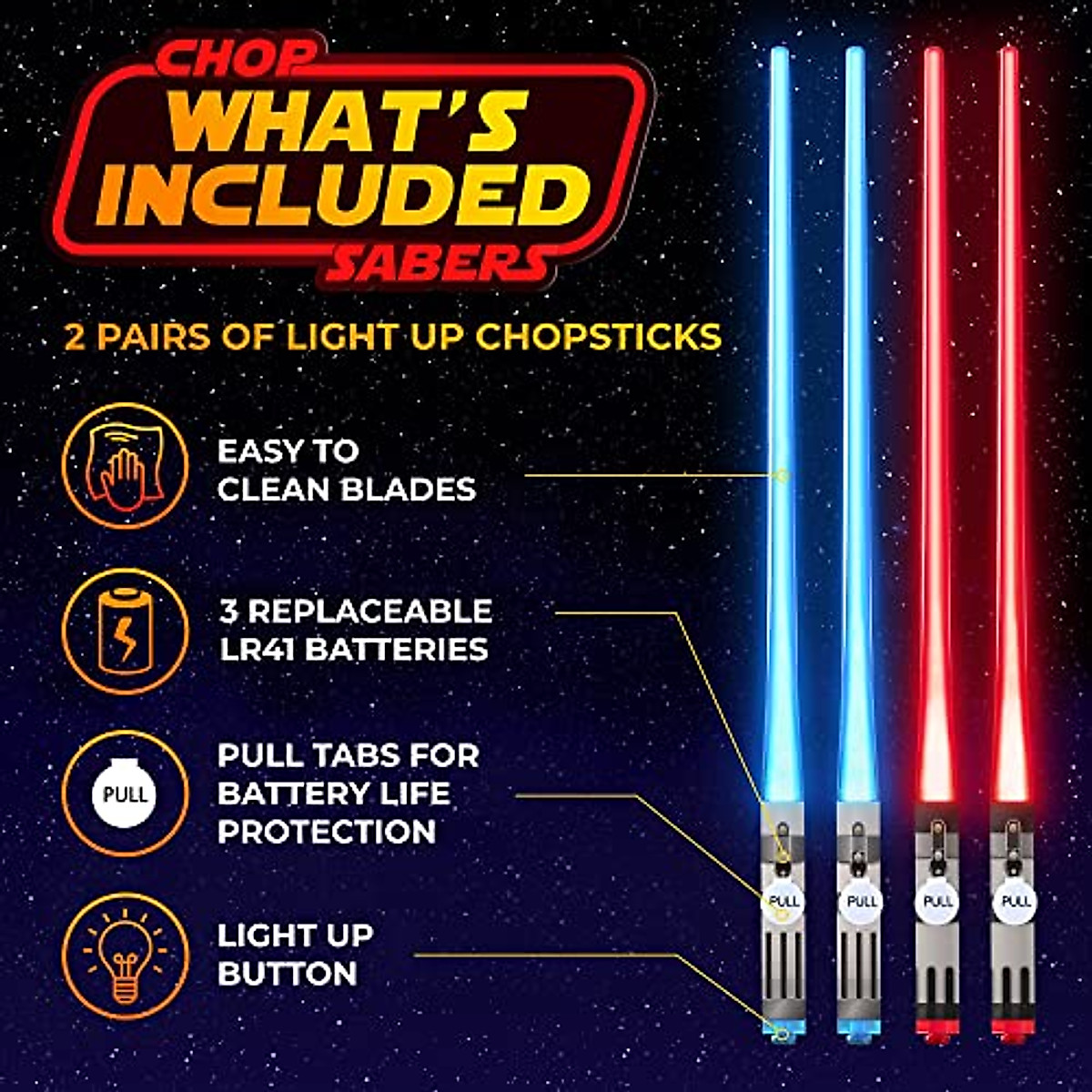 ChopSabers Light Up Lightsaber Chopsticks LED Set, 2 Pairs, Red Blue
