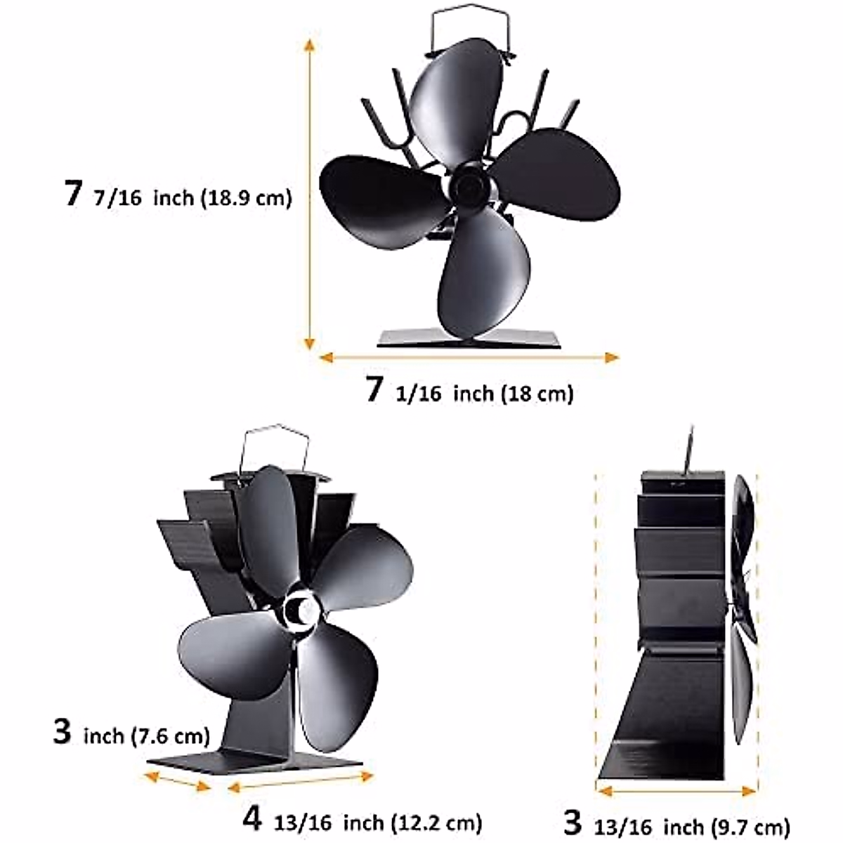 GALAFIRE 4-Blades Heat Powered Wood Stove Fan + Magnetic Thermometer, 122°F Start Non-Electric Eco Fireplace Fan for Gas/Pellet/Log/Wood Burning Stoves, Silent Operation, 2-Years, V466, Black