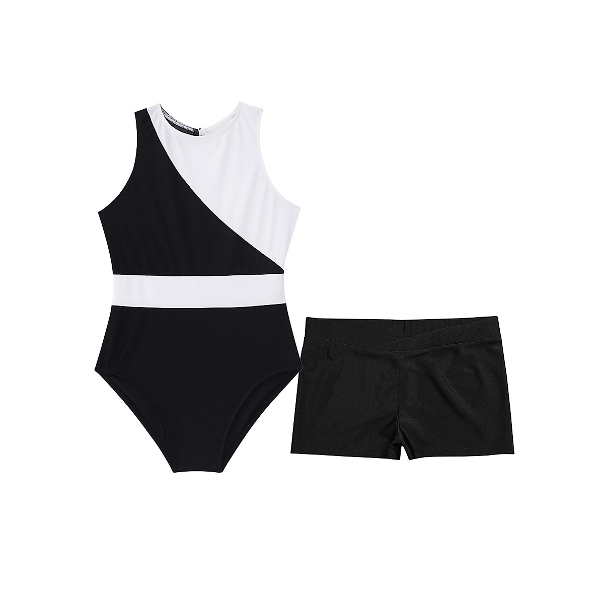 Hansber Kids Girls Sleeveless Gymnastics Leotards with Shorts 2 Piece Dance Outfits Ballet Dance Biketard Gym Workout Bodysuit White 7-8