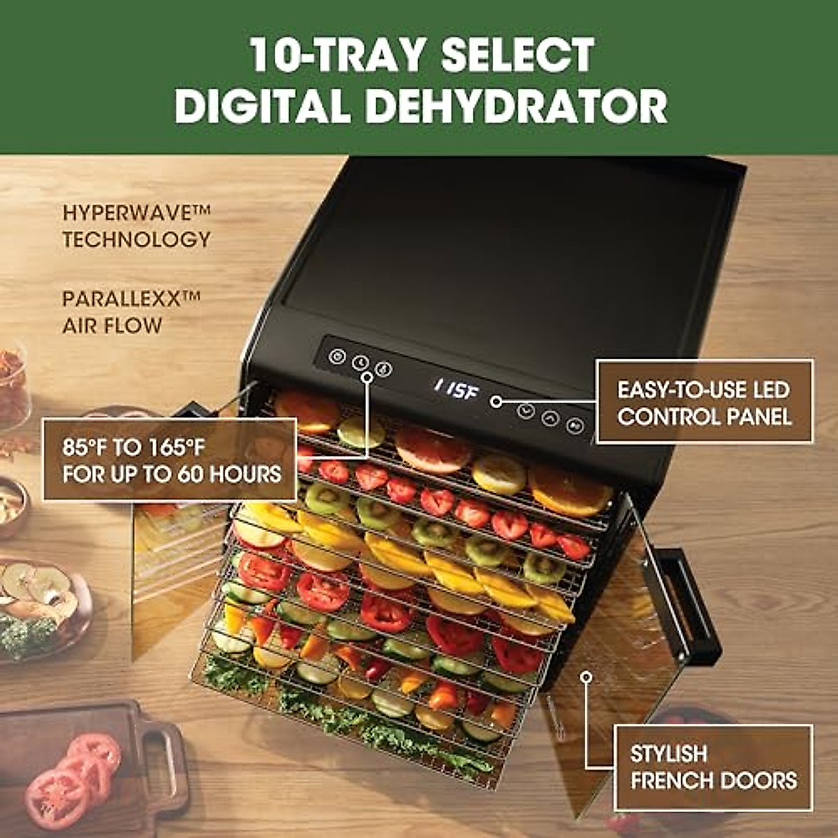 Excalibur Electric Food Dehydrator Select Series 10-Tray with Adjustable Temperature Control Includes Chrome Plated Drying Trays Stainless Steel Construction and Glass French Doors, 800-Watts, Black