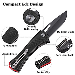 KEXMO Pocket Knife for Men - 3.62" Sharp D2 Blade G10 Handle Folding Pocket Knife with Clip - EDC Knife for Tactical Survival Camping Hunting Hiking Gift for Men Dad Husband Women, Black