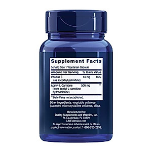 Life Extension Acetyl-L-Carnitine, Acetyl-L-Carnitine, vitamin C, Brain, mood & nerve health, cellular energy, 3-month supply, Gluten-Free, Non-GMO, Vegetarian, 100 Capsules