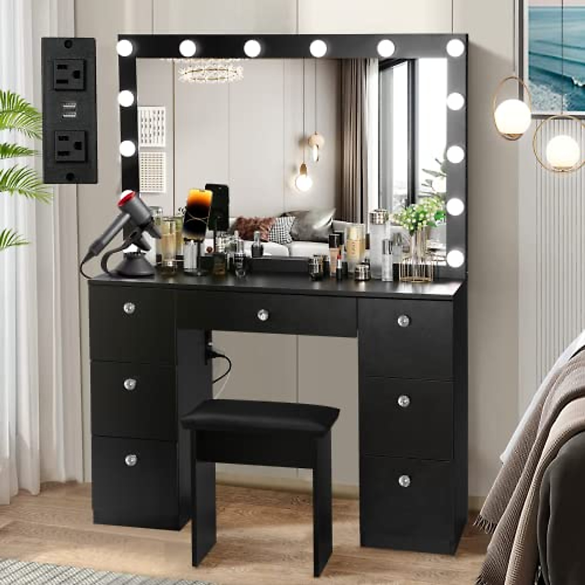 SMOOL Vanity with Lighted Mirror, Makeup Desk Power Outlet and LED Bulbs, 3 Color Lighting Modes Adjustable Brightness, 7 Drawers Table Cushioned Stool for Women Girls, 44'' L, 2-black