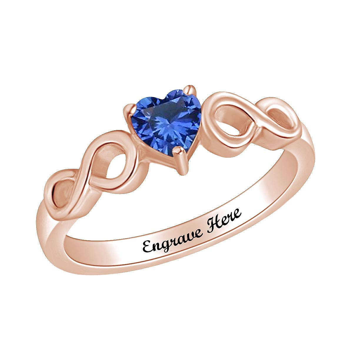 AFFY Personalized Heart Shape Simulated Blue Sapphire Infinity Heart Promise Ring in 14k Rose Gold Over Sterling Silver Ring Size-6