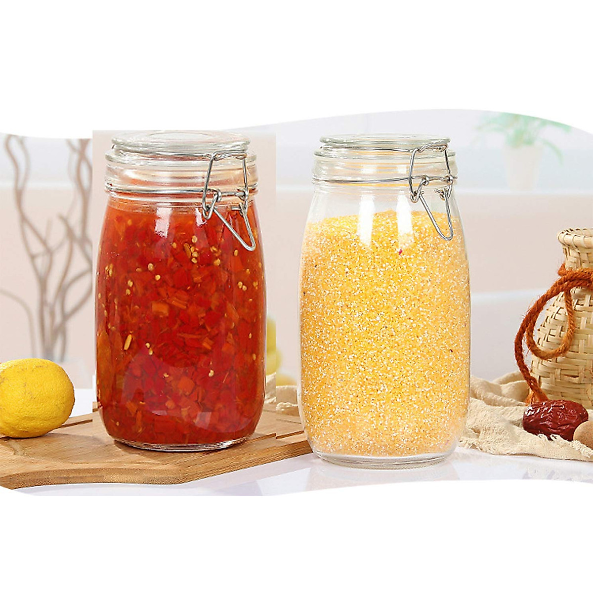 Lawei 4 Pack Plastic Mason Jars with Hinged Lids - 55 Oz Airtight Storage Canister Wide Mouth Kitchen Food Storage Jar for Sugar, Flour, Cereal, Coffee, Pasta, Cookies and Canning