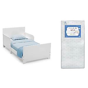 Delta Children MySize Toddler Bed, Bianca White, Dual Sided Recycled Fiber Core Mattress, 2 Attached Guardrails, 50 lbs Weight Capacity, 30 Inches Wide, 20 Inches Deep