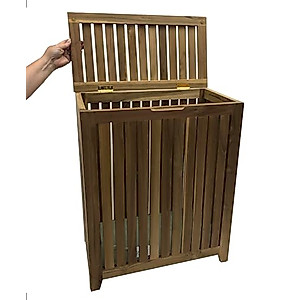 Genuine Teak Wood Spa Style Full Size Hamper, Top Load Double Hinged Lid, Slat Panel Woodgrain Finish, 19.75 Inch Width x 11 inch Depth x 26 Inch Tall