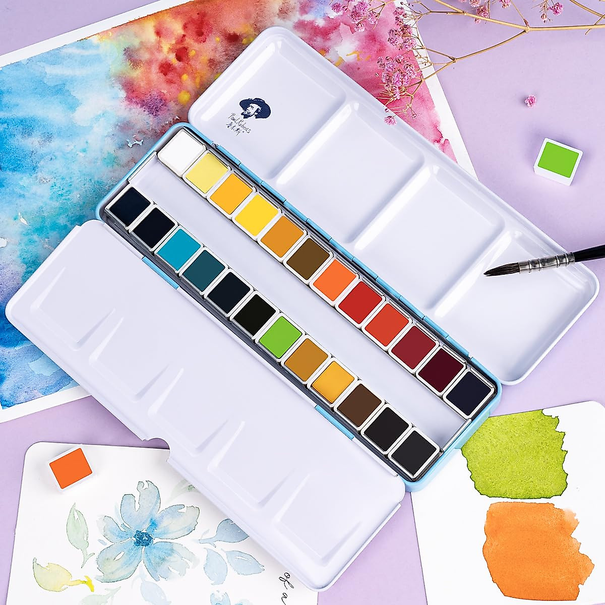 Paul Rubens Watercolor Paint Set Artist Grade, 24 Vivid Colors with Portable Metal Box for Artists, Beginners, Hobbyists, Students-Set B