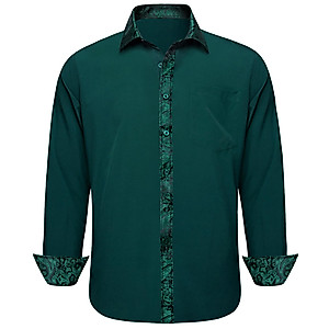 YOHOWA Men's Shirt Solid Color Cotton Silk Long Sleeve Button Down Dress Shirts Business Formal Dark Green