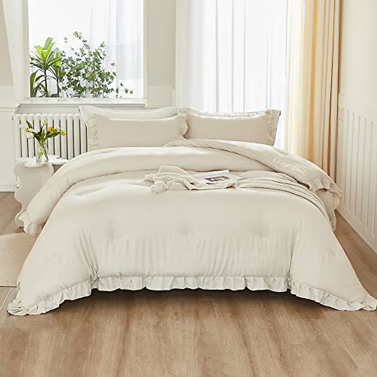 Litanika Full Comforter Set Beige, 3 Pieces Ruffle Farmhouse Aesthetic Bedding Comforter Set, Lightweight Fluffy Microfiber Bed Set (79x90In Comforter, 2 Pillowcases)