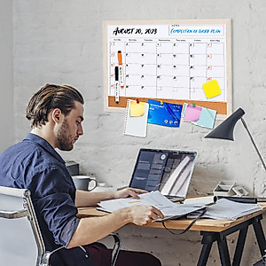 Monthly Whiteboard Calendar & Corkboard for Wall, Magnetic 17"x13" Dry Erase Board with White Wood Framed, 2in1 White Board Cork Board Combo, Calendar Bulletin Board for Kitchen Planner Memo Office