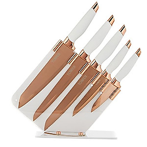 TOWER Damascus Effect Kitchen Knife Set with Stainless Steel Blades and Acrylic Stand, 5 Piece, Rose Gold/White