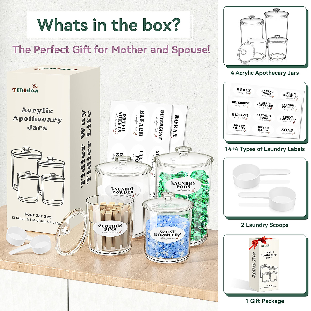 TIDIdea 4 Pack Laundry Container Jars - Premium Acrylic Jars for Laundry Room Organization and Storage Organizing Laundry Pods, Powder, Detergent, Soap,Beads, Laundry Accessories - with Labels&Scoops