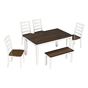 FIQHOME 6-Piece Room, Kitchen Set with Wood Dining Table,Bench and 4 Ergonomic Designed Chairs,Walnut + Cottage White