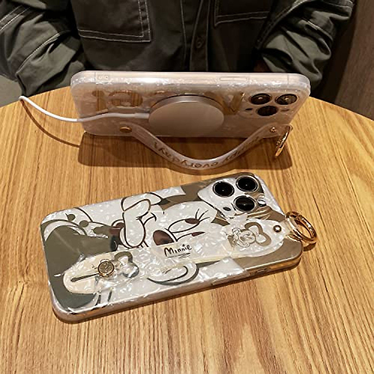 Filaco Cartoon Case for iPhone 12 Pro Max 6.7", Cute Golden Minnie Sparkle Bling Cover with Metal Chain Strap, Wrist Strap Kickstand Soft TPU Shockproof Protective for Women & Girls