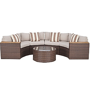 Incbruce Outdoor Half Moon Patio Furniture 5-Piece Curved Outdoor Sofa, All-Weather Outdoor Sectional Furniture Patio Conversation Sets with Round Tempered Glass Top Table(Brown Cushions)