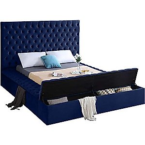 Meridian Furniture Bliss Collection Modern | Contemporary Velvet Upholstered Bed with Deep Button Tufting and Storage Compartments in Rails and Footboard, Queen, Navy