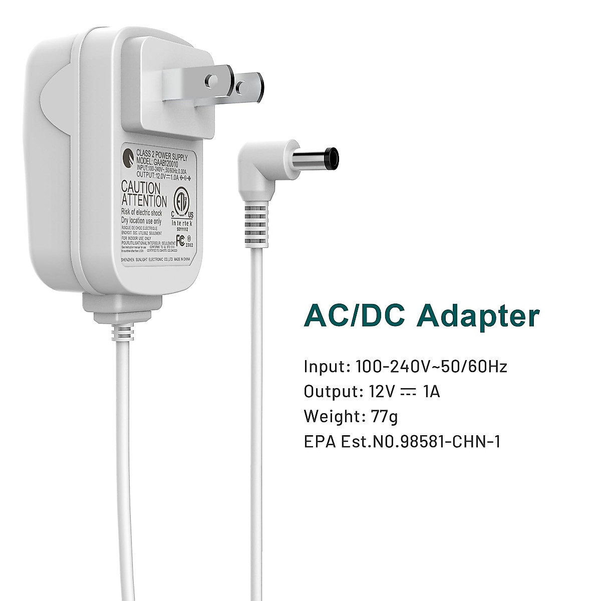 Air Purifier Power Adapter Charger Suitable for Jafända JF100 Replacement Charger 12V 1A(Size : White US/CA)