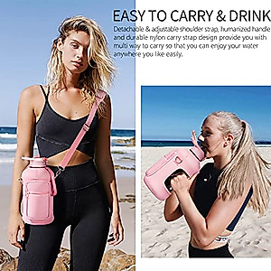 Fimibuke Half Gallon Water Bottle with Sleeve 64 OZ Water Bottle with Handle & Straw Leakproof Motivational Sports Gym Water Bottle with Time Marker BPA Free Water Jug with Neoprene Holder - Rose Pink
