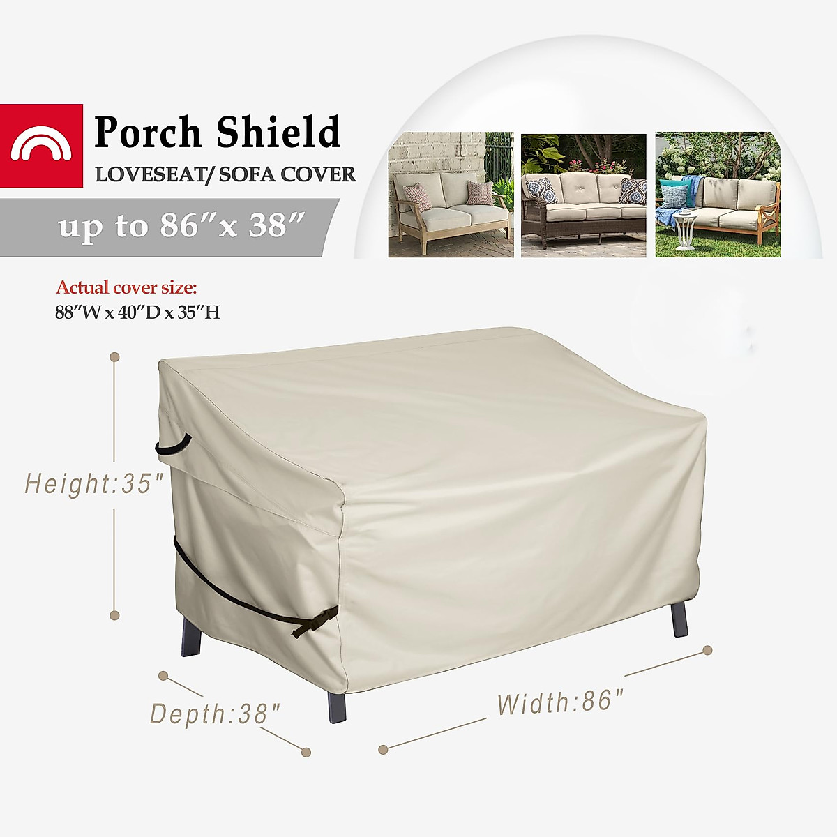 Porch Shield Patio 3-Seater Sofa Cover - Waterproof Outdoor Couch Deep Seat Sofa Cover 86W x 38D x 35H inch, Beige