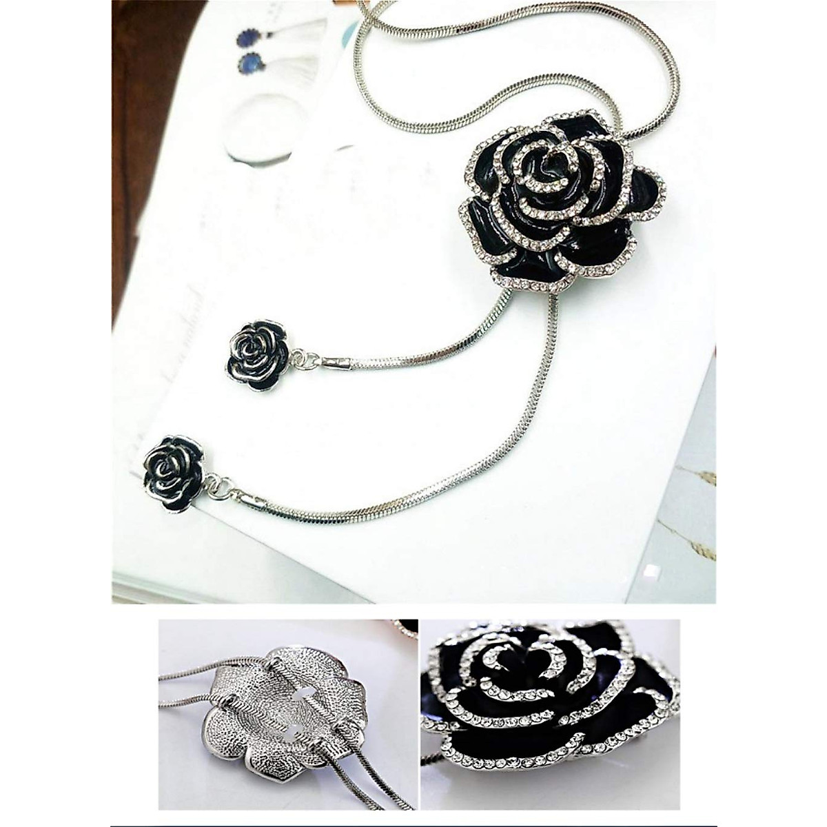 Cathercing Rhinestone Black Rose Pendant Long Necklace for Women Sweater Chain Statement Necklace Choker Adjustable Elegant Jewelry Crystal Accessories Dressy Collocation Winter Evening Party Wedding