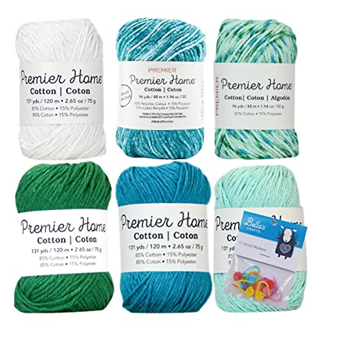 Premier Home Cotton Yarn 6-Pack Bundle with Bella's Crafts Stitch Markers (Green Blue Asst 102)