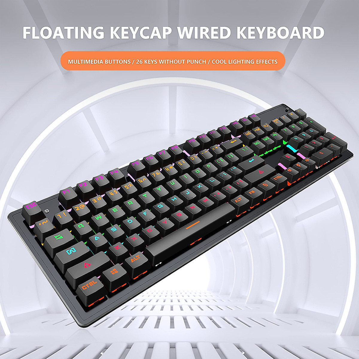 Chuang Gaming KU20 Mechnical Gaming Keyboard, RGB Backlit Wired Keyboard with Blue Switches & ABS Keycaps, Splash-Proof Function with Ergonomic Design, Black