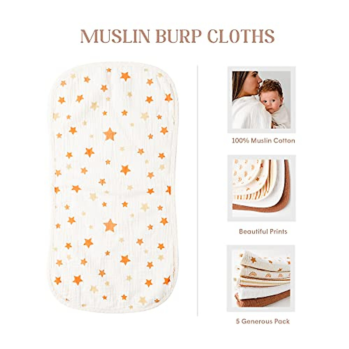 MairMore 5 Pack Muslin Baby Burp Cloths- Neutral Muslin Burping Cloths for Baby Boys Girls and Newborn Towel, Unisex- Large Absorbent Burp Cloths-20x10 Inches