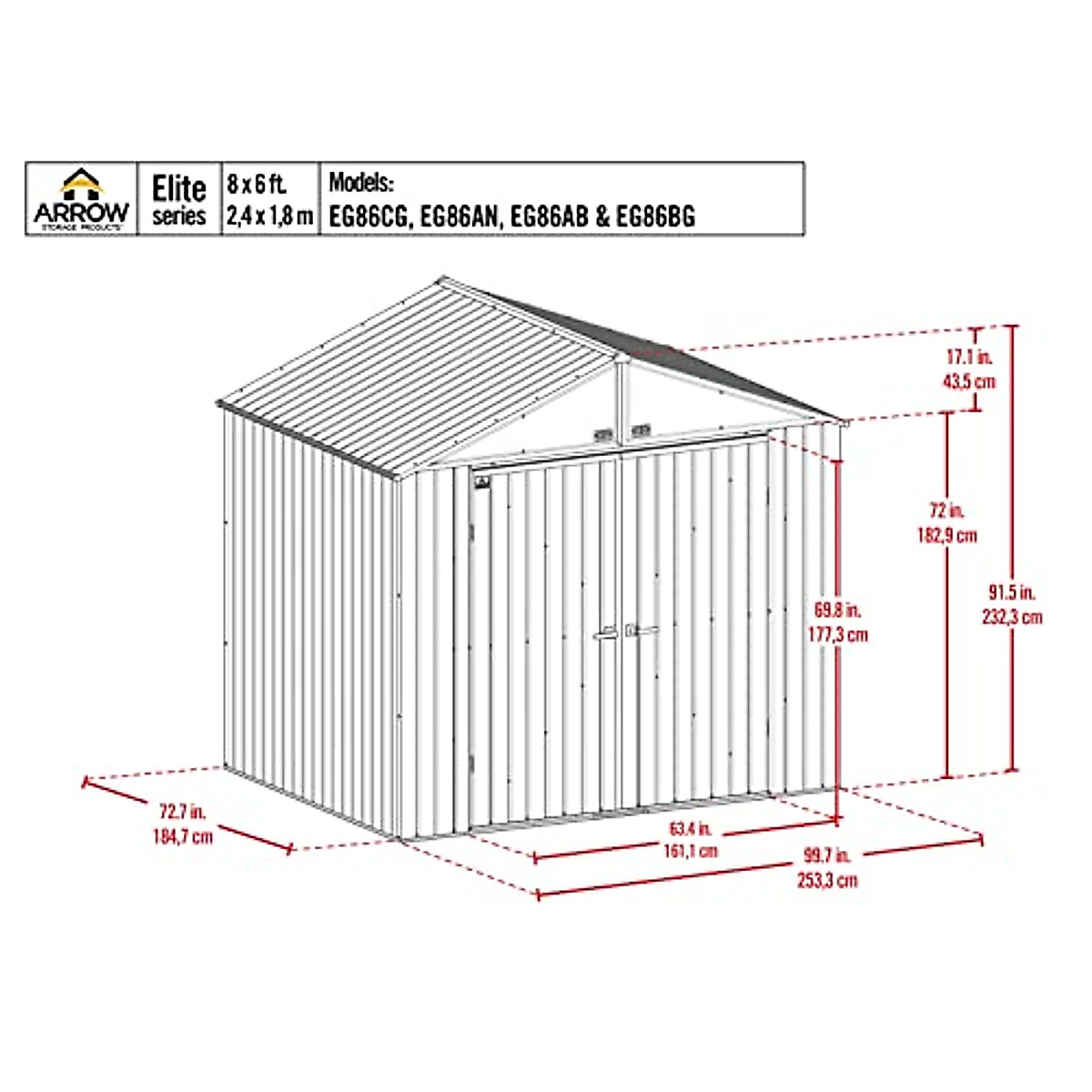 Arrow Shed Elite 8' x 6' Outdoor Lockable Steel Storage Shed Building, Cool Grey