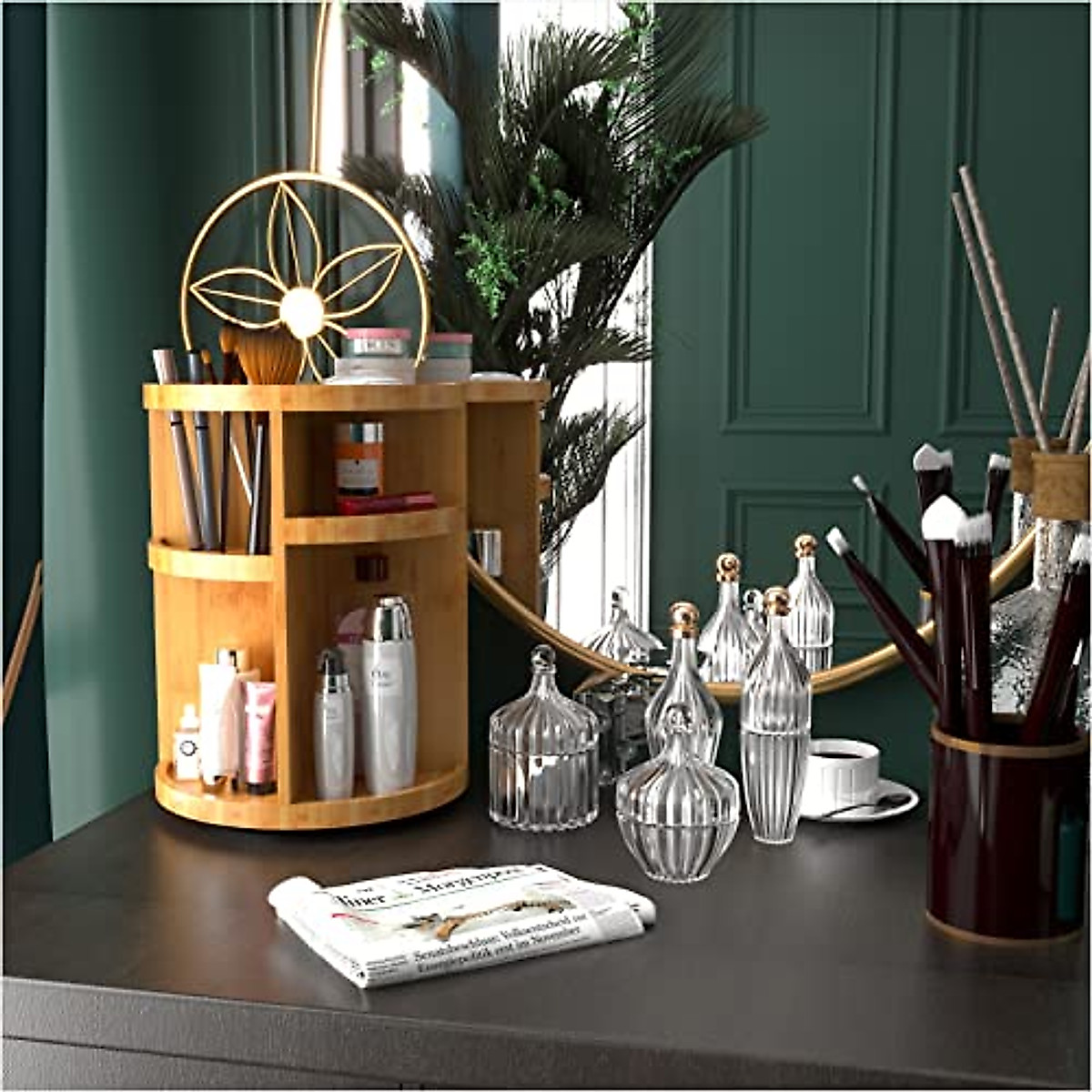 AJIAAIONE 360° Bamboo Makeup Organizer, Cosmetics Organizer，Multi-Function Storage Carousel for Makeup, Toiletries, and More — Great for Vanity, Desk, Bathroom, Bedroom, Closet, Kitchen
