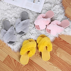 shevalues Fuzzy House Slippers for Women Cross Band Fluffy Bedroom Slippers with Arch Support,R Pink 39