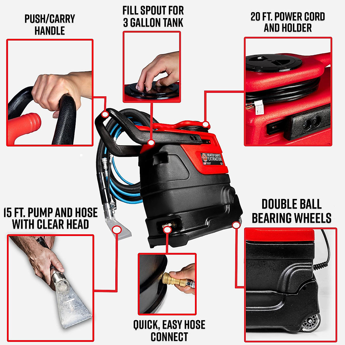 Adam's Polishes Heated Carpet Extractor - Powerful 200 Degree Spot and Upholstery Cleaner, Clear Head Hand Tool, 15 Foot Hose, Easy Dirt and Spot Removal for Vehicles